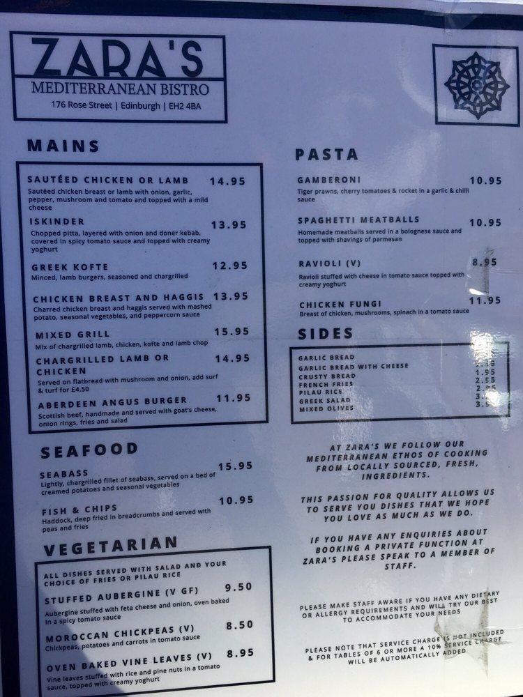Menu at Zara's Mediterranean Bistro restaurant, Edinburgh