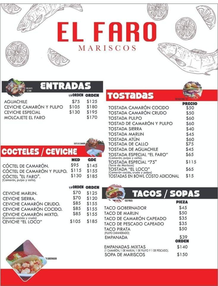 Menu at El Faro Mariscos restaurant, Colima