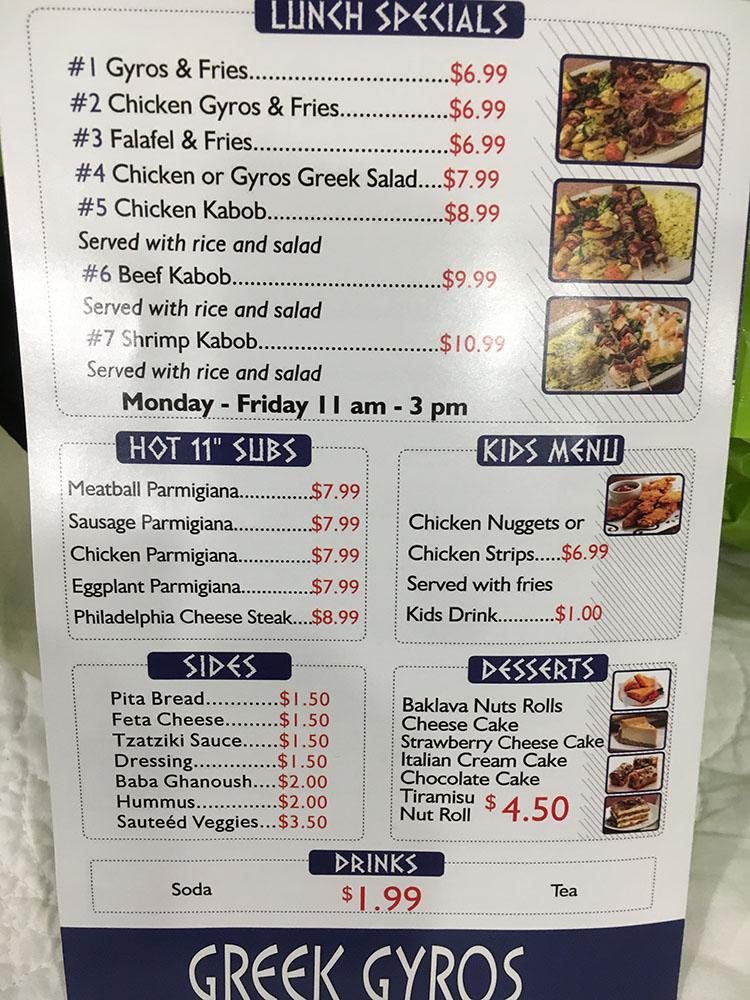 Menu at Greek Gyros restaurant, Georgetown