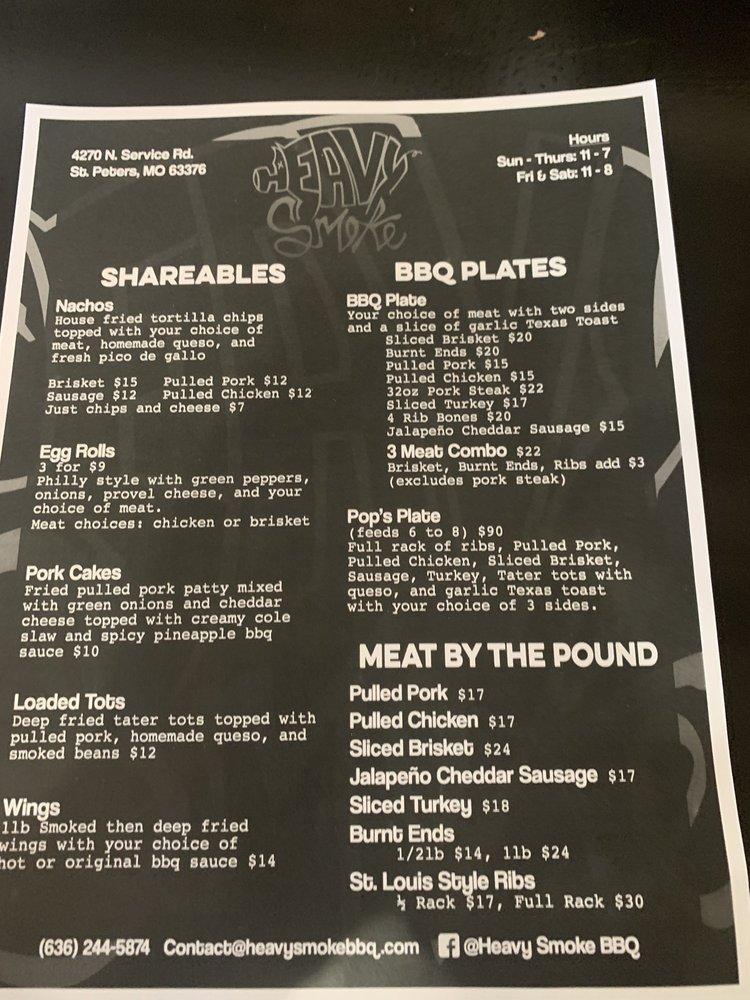 Menu at Heavy Smoke BBQ, St. Peters