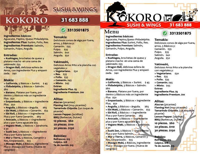 Menu at Kokoro sushi & wings restaurant, Guadalajara