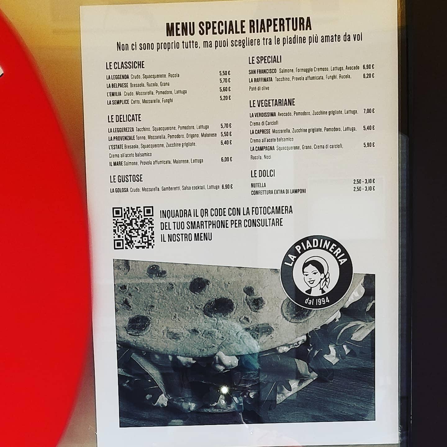 Menu da La Piadineria ristorante, Cremona, Via Ferruccio Ghinaglia