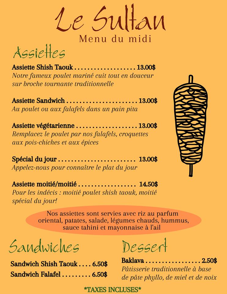 Carta del restaurante Le Sultan, Sherbrooke