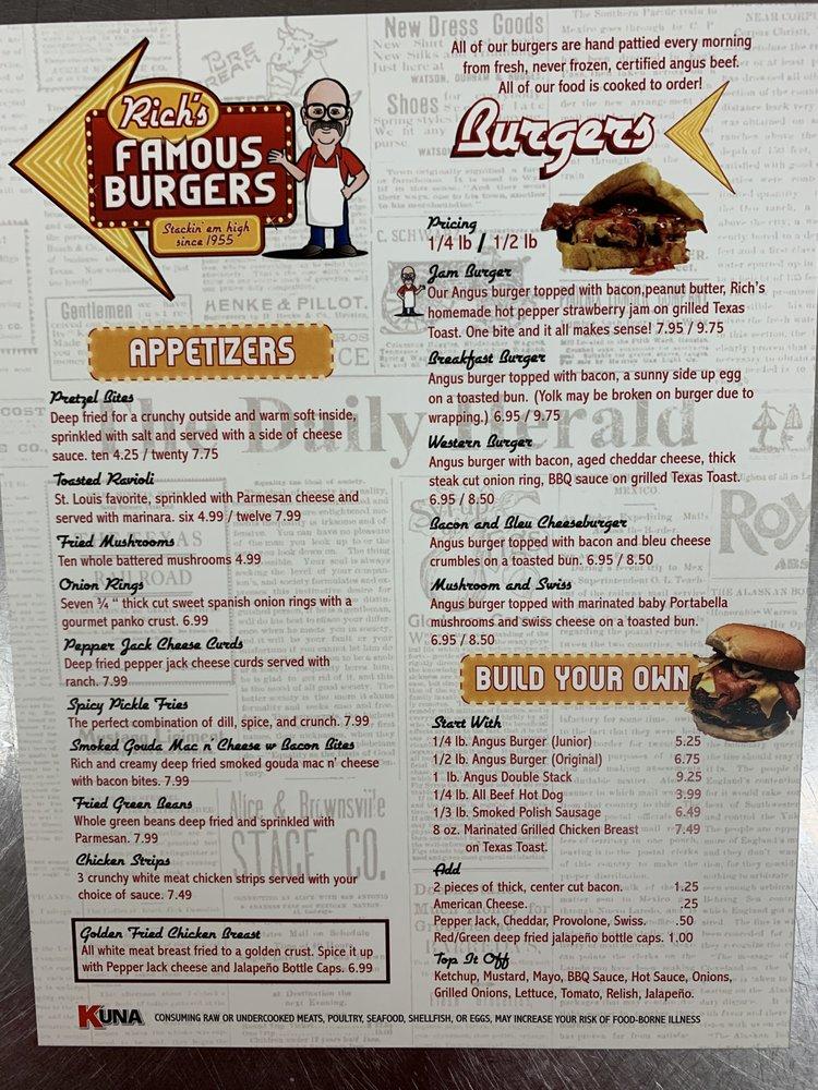 Menu at Rich's Famous Burgers restaurant, Steelville