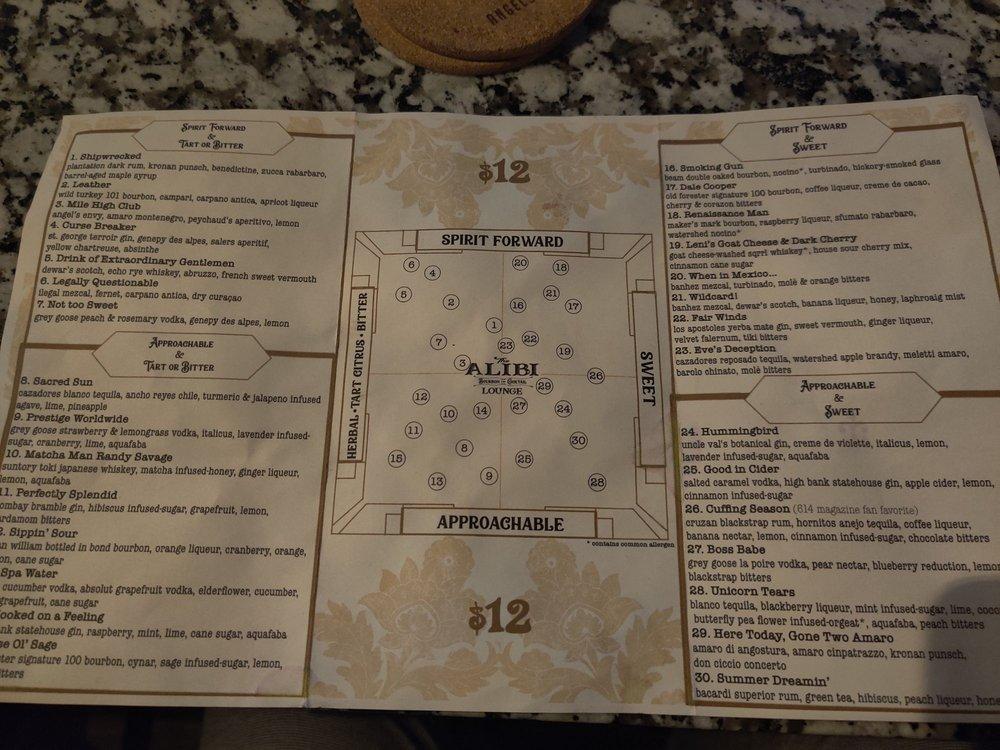Menu at The Alibi Bourbon & Cocktail Lounge pub & bar, Columbus