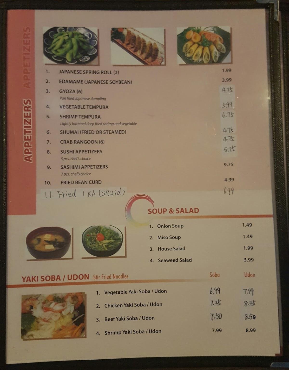 Menu at Tokyo Hibachi & Sushi restaurant, Seymour