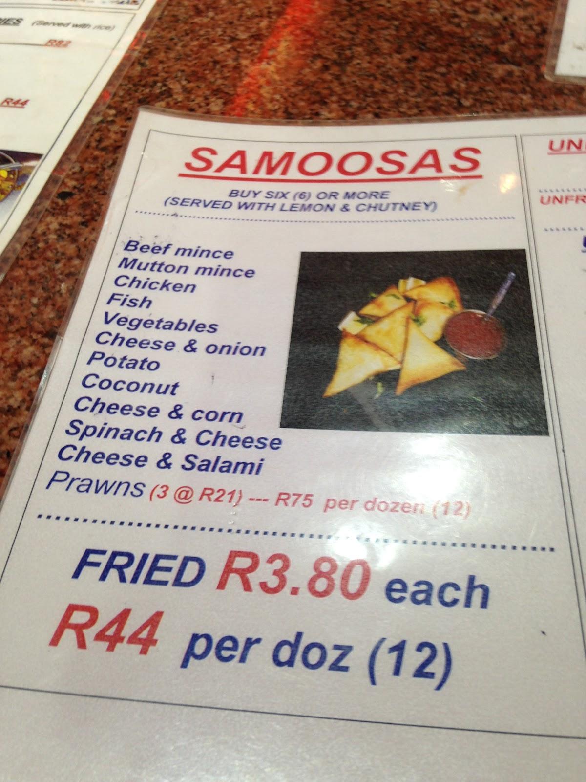 Menu at World of Samoosas restaurant, Johannesburg, Albertina Sisulu Rd