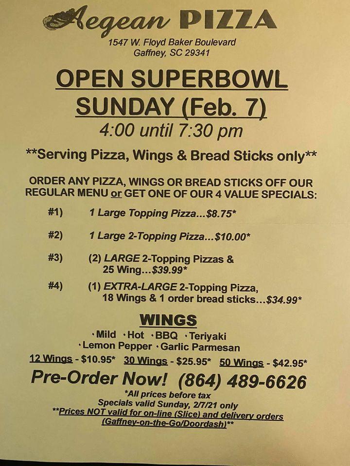 Menu at Aegean Pizza pizzeria, Gaffney, W Floyd Baker Blvd