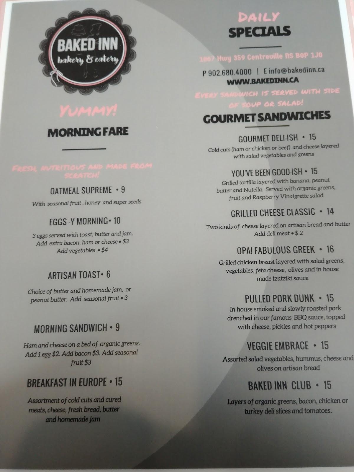 Menu at Baked Inn Bakery & Eatery, Centreville