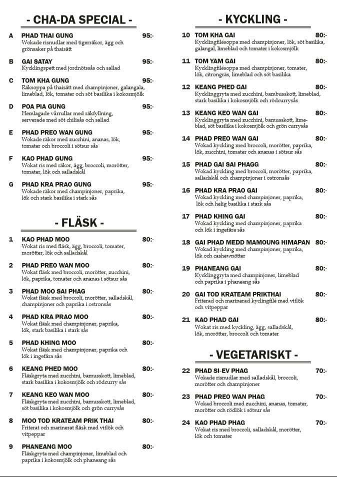 Menu at Chada Thai Resturang & Bar, Hedemora