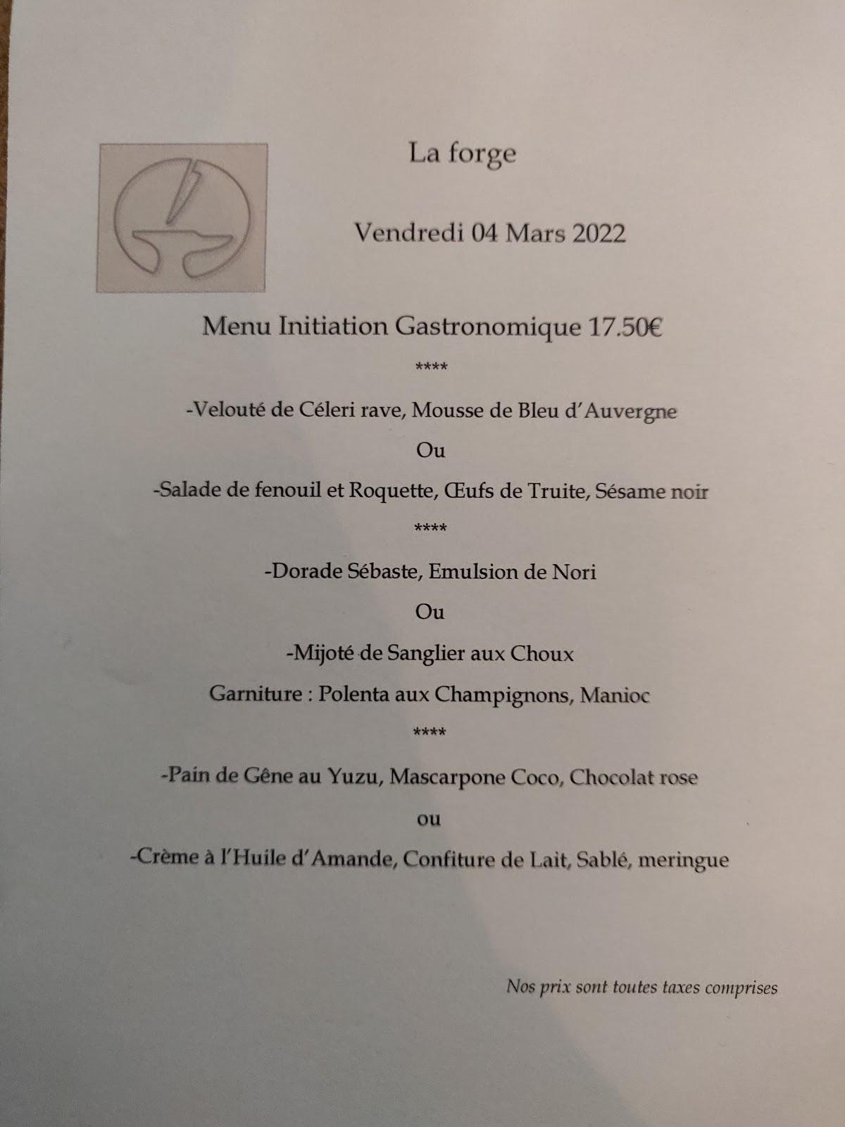 Menu at La Forge restaurant, Le Subdray