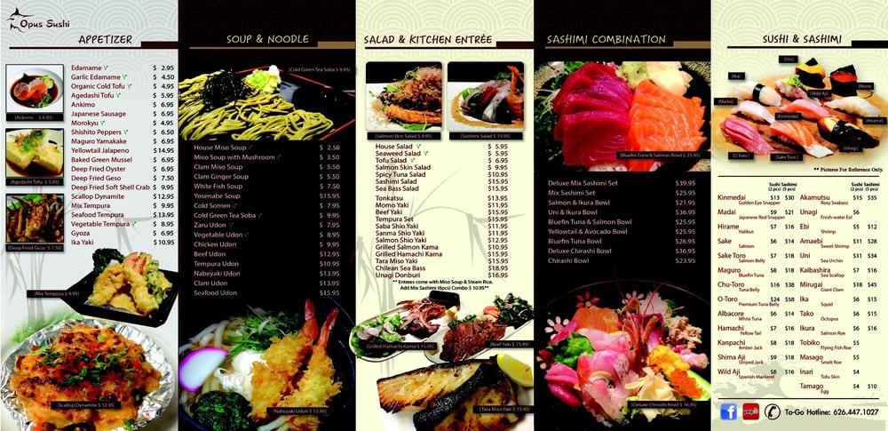 Menu at Opus Sushi restaurant, Arcadia