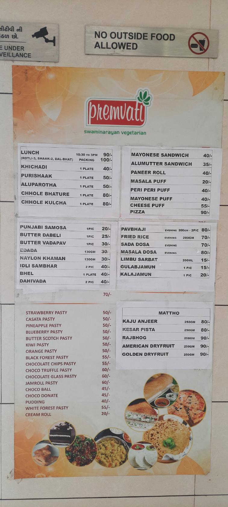 Menu at Premvati Swaminarayan Vegetarian, Ahmedabad, 2GMF+5XP