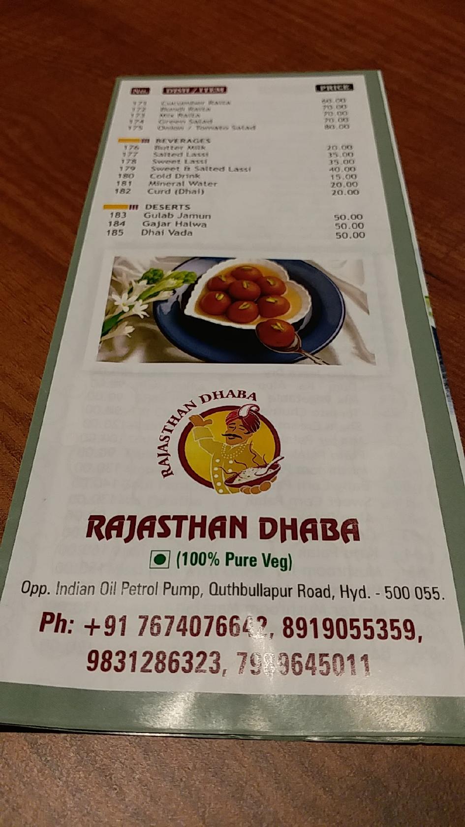 Menu at Rajasthan Dhaba, Hyderabad, 6-10-413