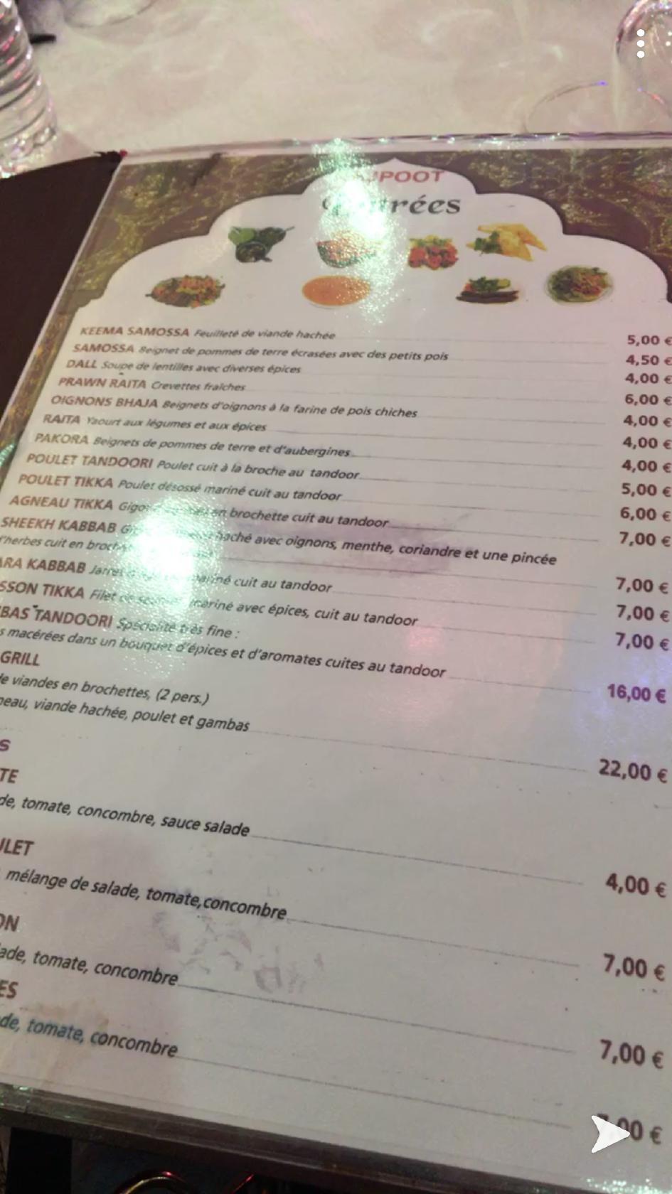 Menu au Rajpoot restaurant, Créteil