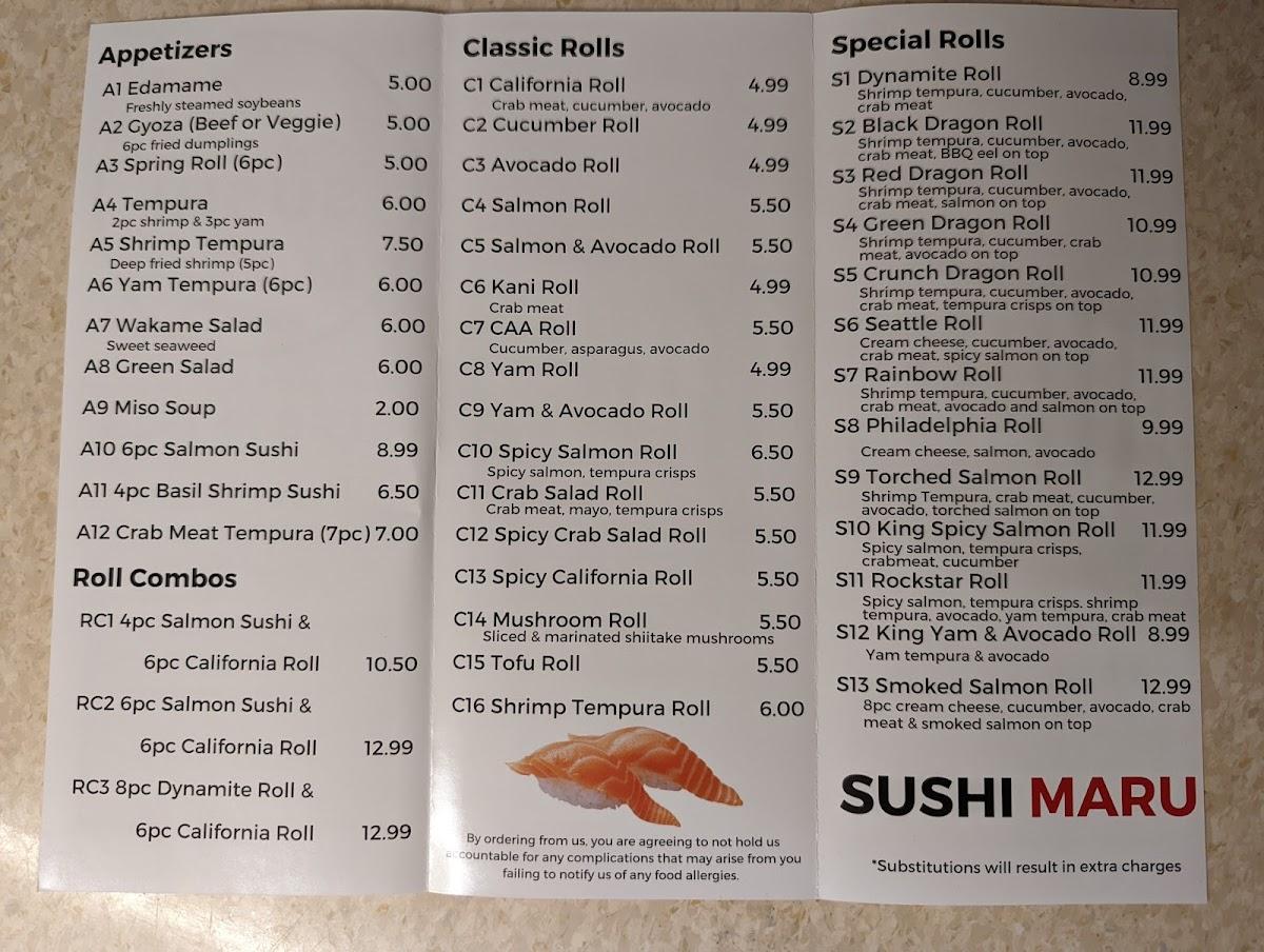 Menu at Sushi Maru restaurant, Belleville