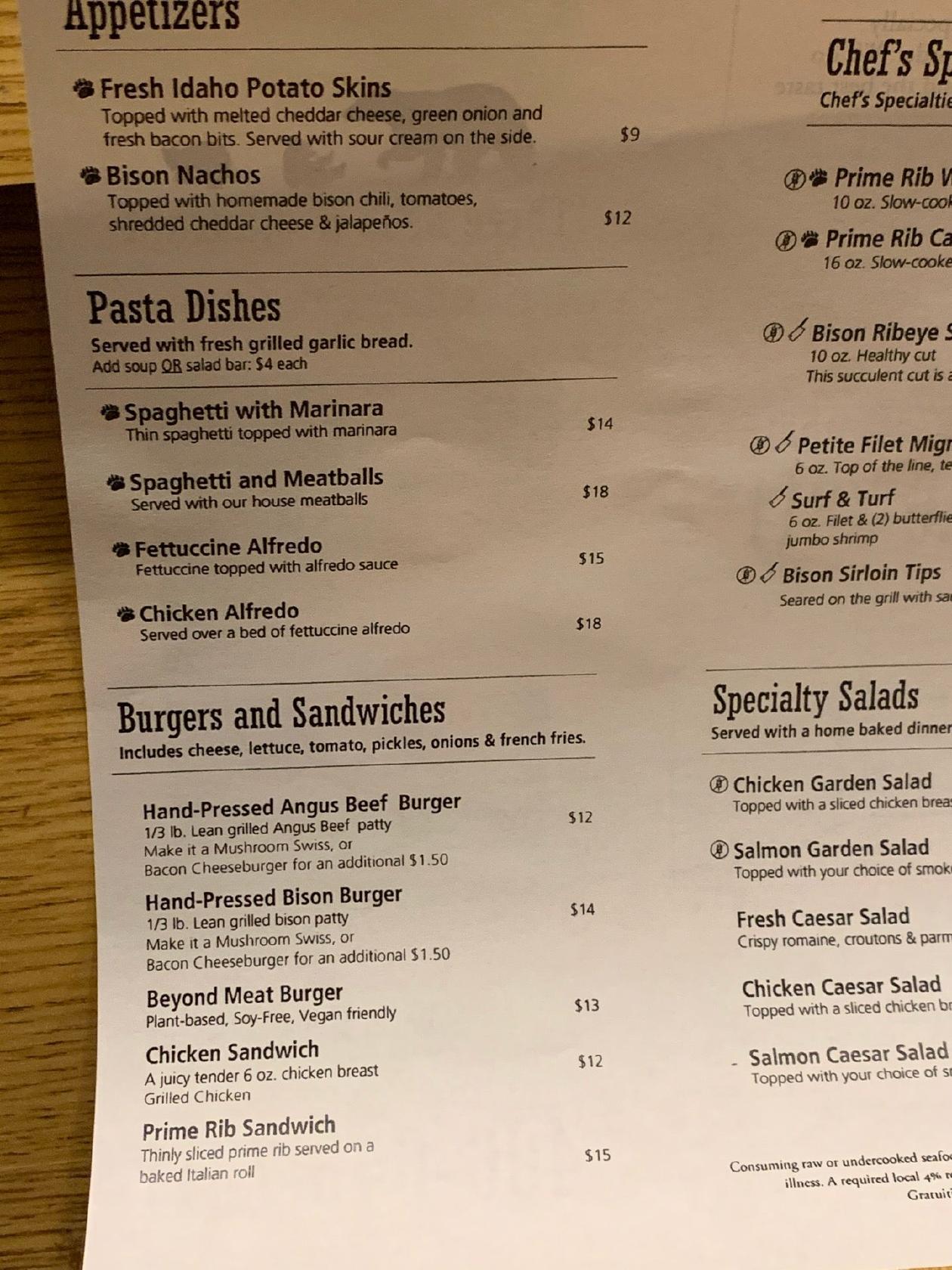 Menu at Three Bear Restaurant, West Yellowstone