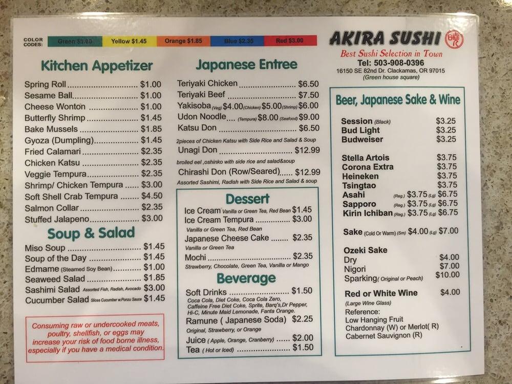 Menu at Akira Sushi restaurant, Clackamas