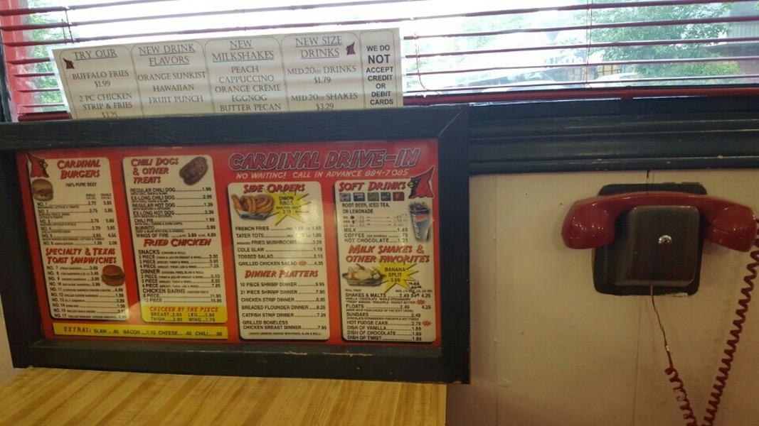 Menu at Cardinal Drive-In restaurant, Brevard