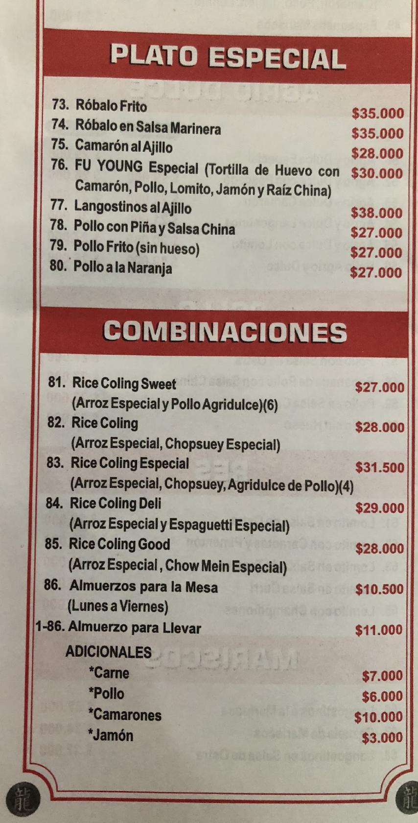 Carta del restaurante Casa China, Bucaramanga