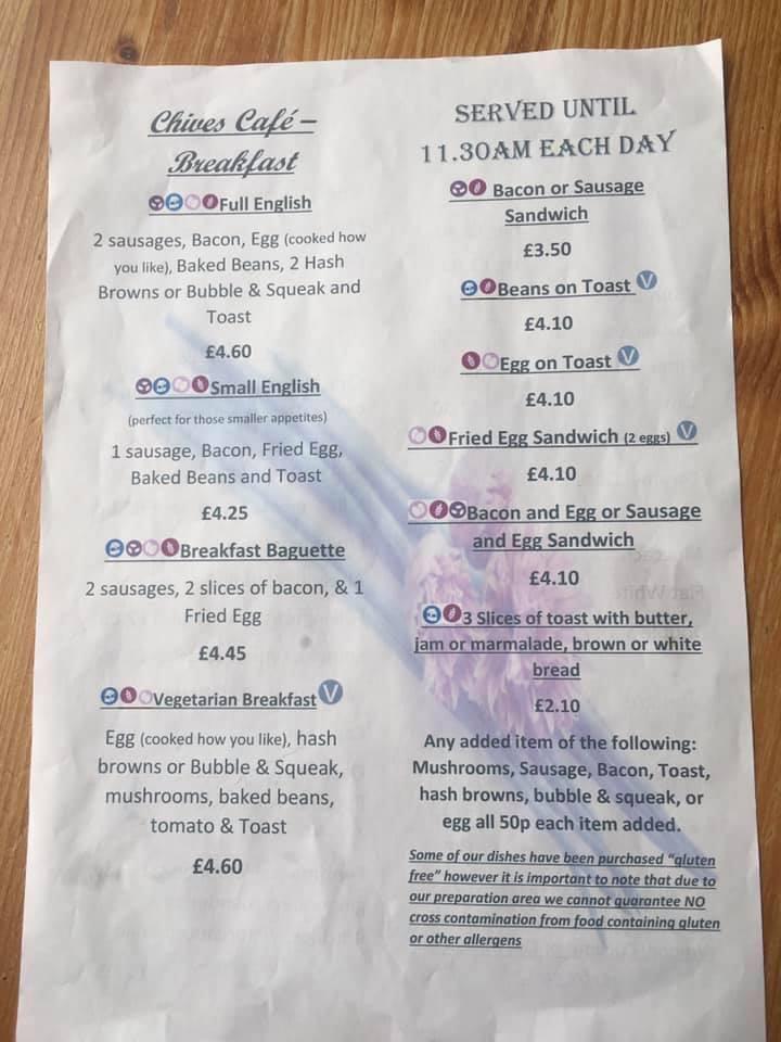 Menu at Chives Cafe, Watchet
