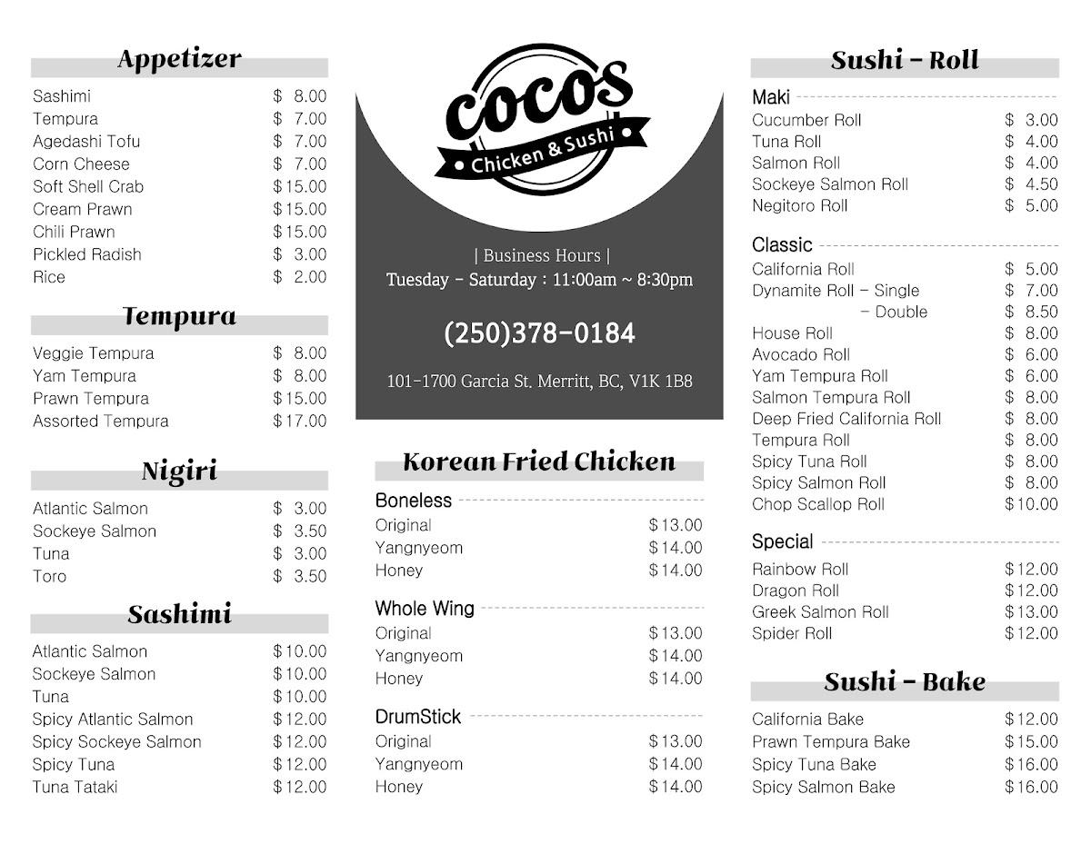 Menu at Cocos chicken and sushi restaurant, Merritt