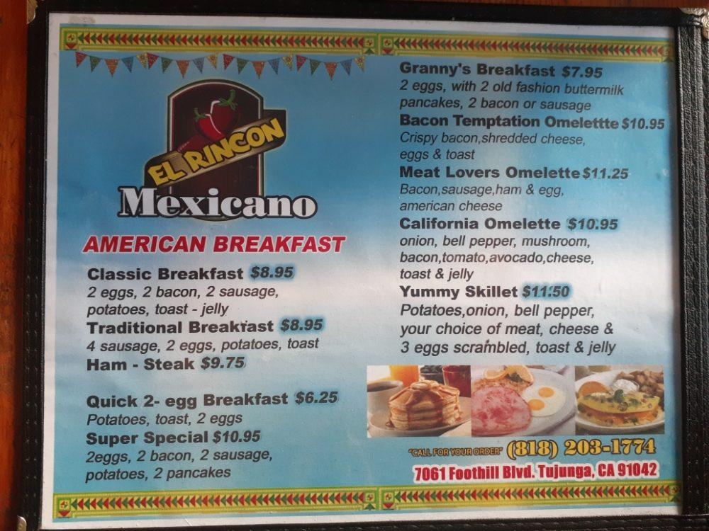 Menu at El Rincon Mexicano restaurant, Los Angeles, Foothill Blvd