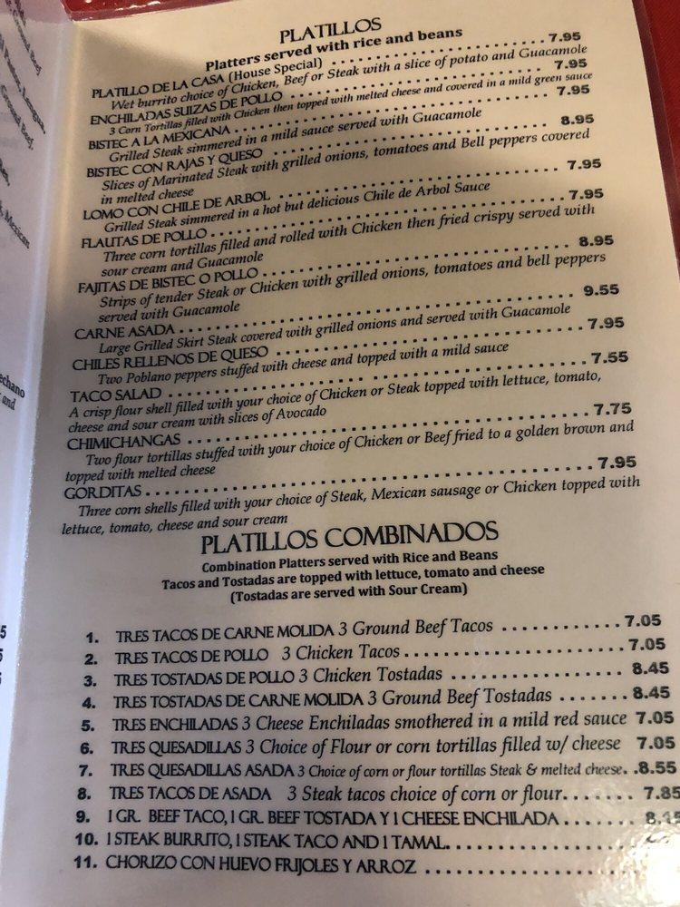 Menu at Las Dos Marias restaurant, White Pigeon