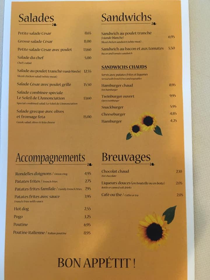 Carta de Le soleil Restaurant, Canada