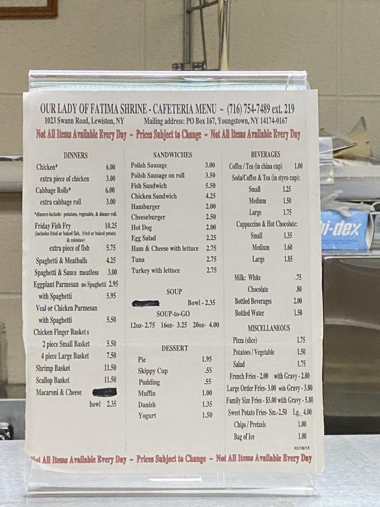 Menu at Our Lady of Fatima Shrine cafeteria, Lewiston