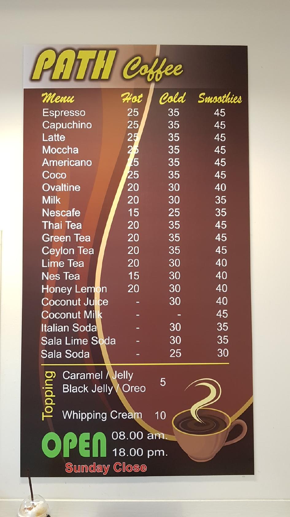 Menu at PATH Coffee cafe, Bangkok