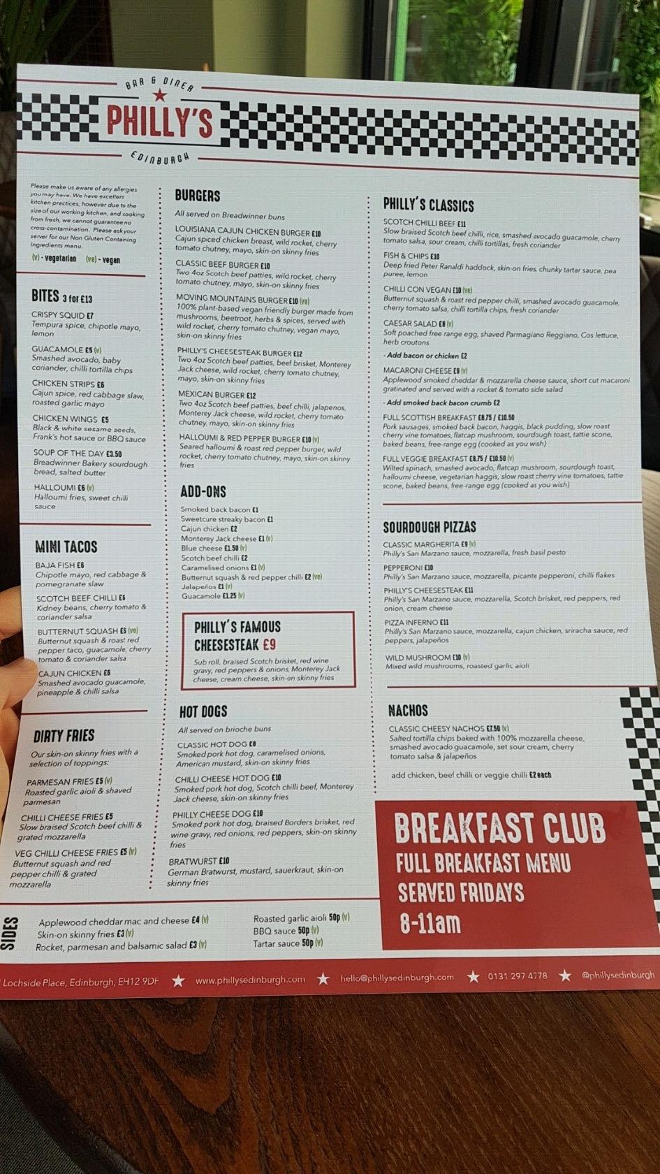Menu at Philly's Edinburgh restaurant, Edinburgh