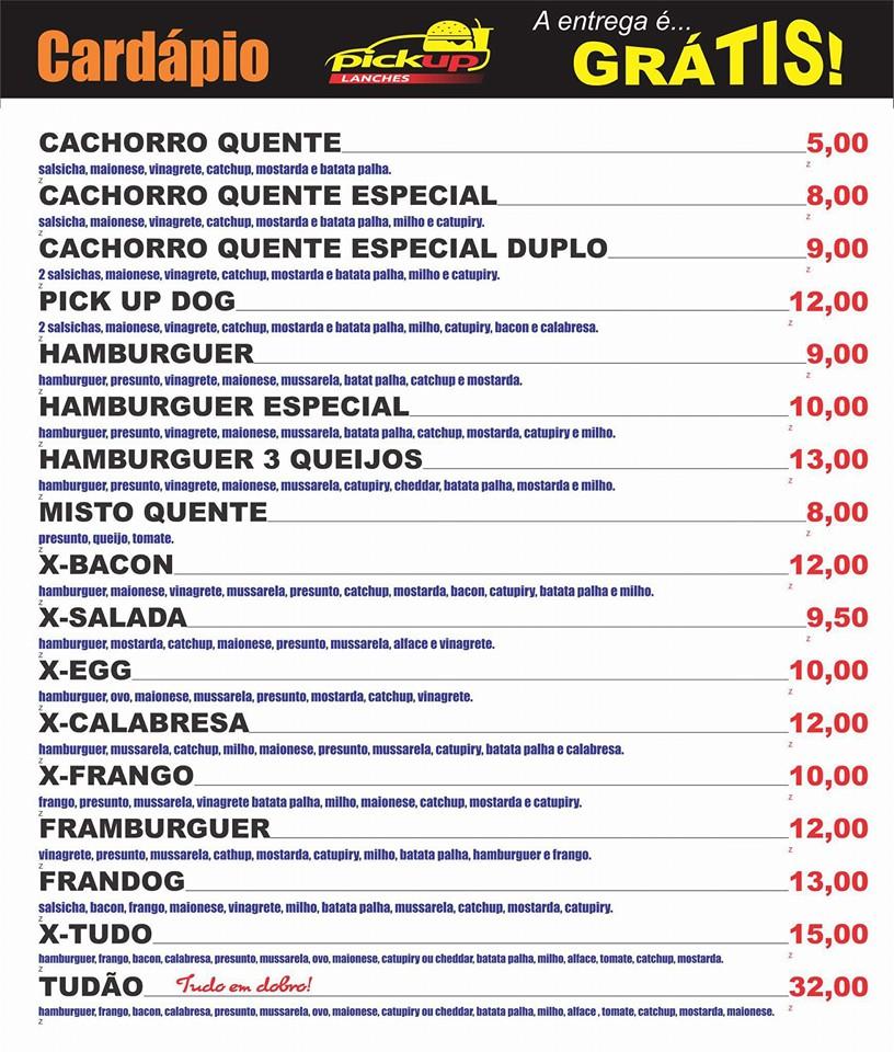 Menu at Pick up lanches fast food, Tatuí