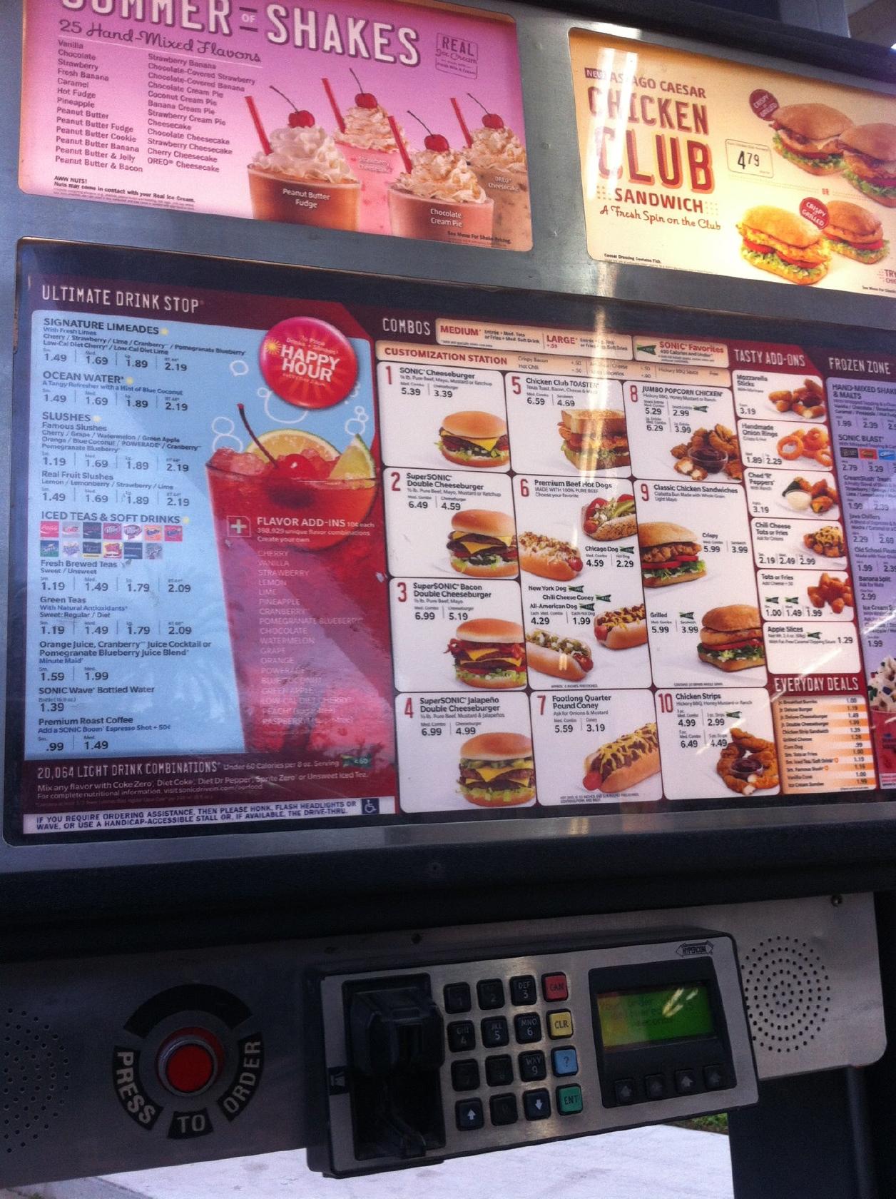 Menu at Sonic Drive-In fast food, San Antonio, Austin Hwy