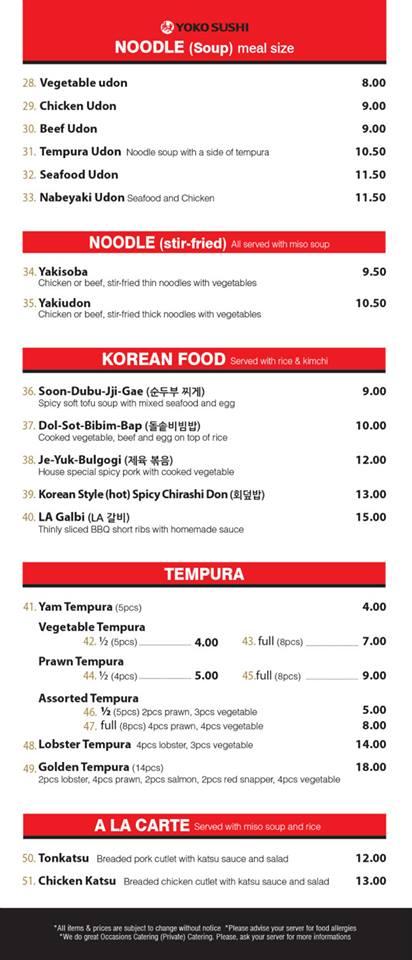Menu at Yoko Sushi & noodles restaurant, Surrey