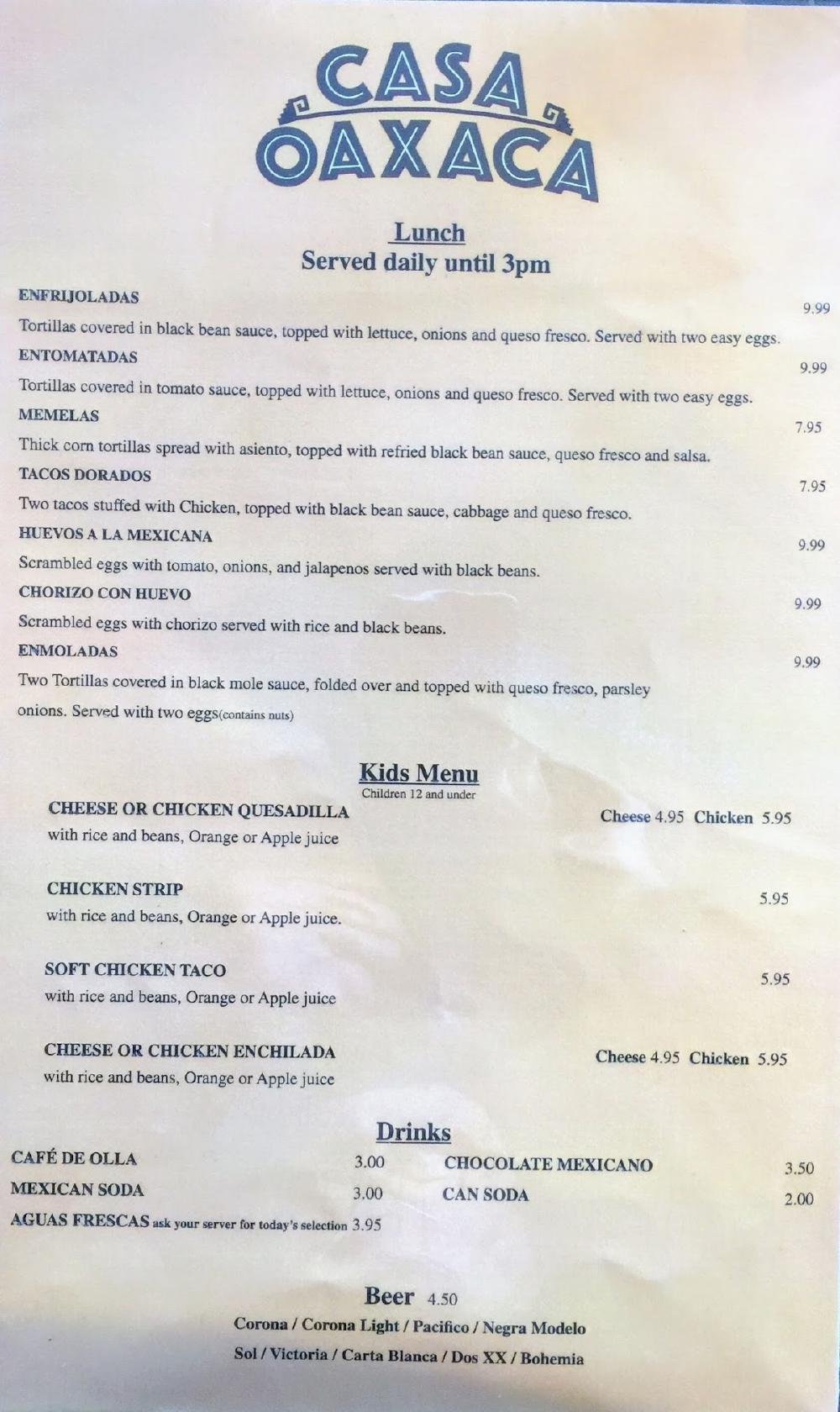 Carta del pub y bar Casa Oaxaca, Edmonds
