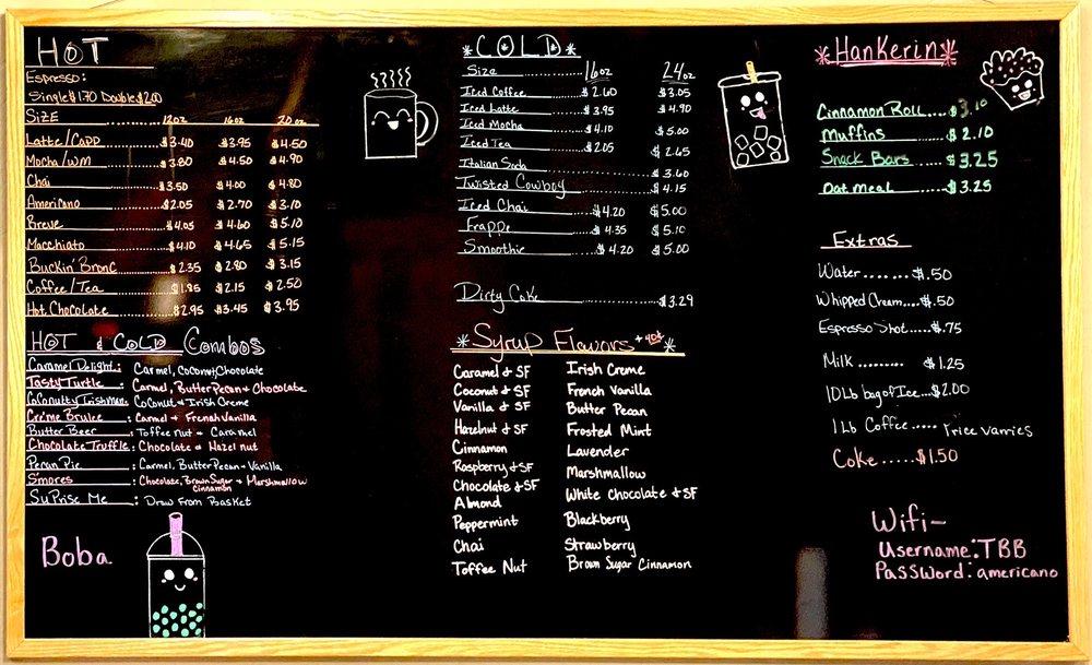 Menu at The Buckin' Bean cafe, Clarendon