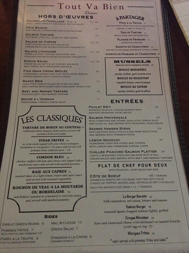 Menu at Tout va bien restaurant, West New York, 311 W 51st St