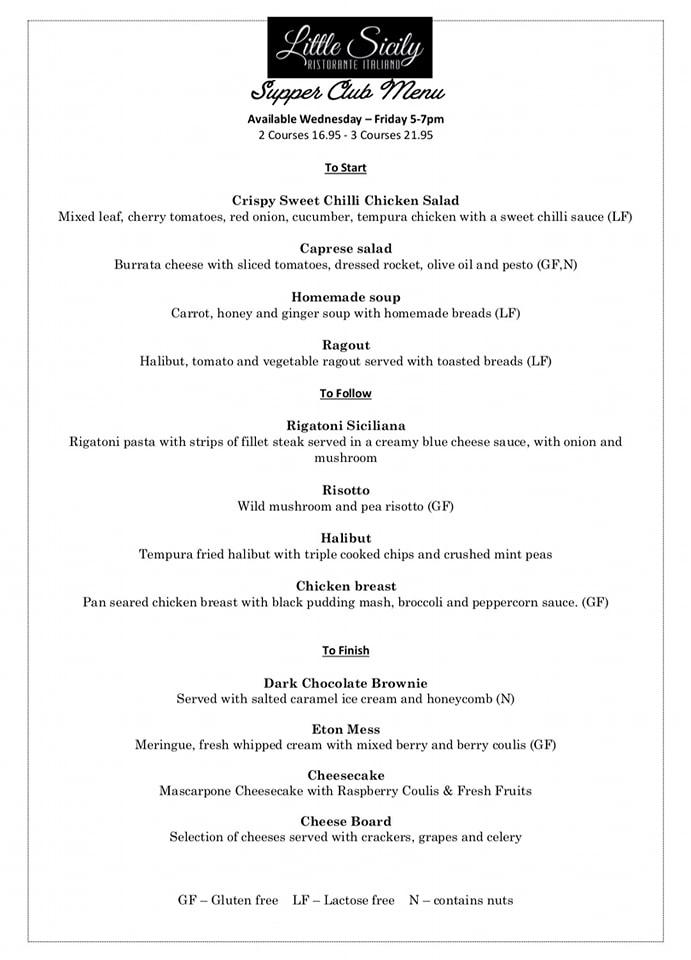 Menu at Little Sicily restaurant, Los Alcázares
