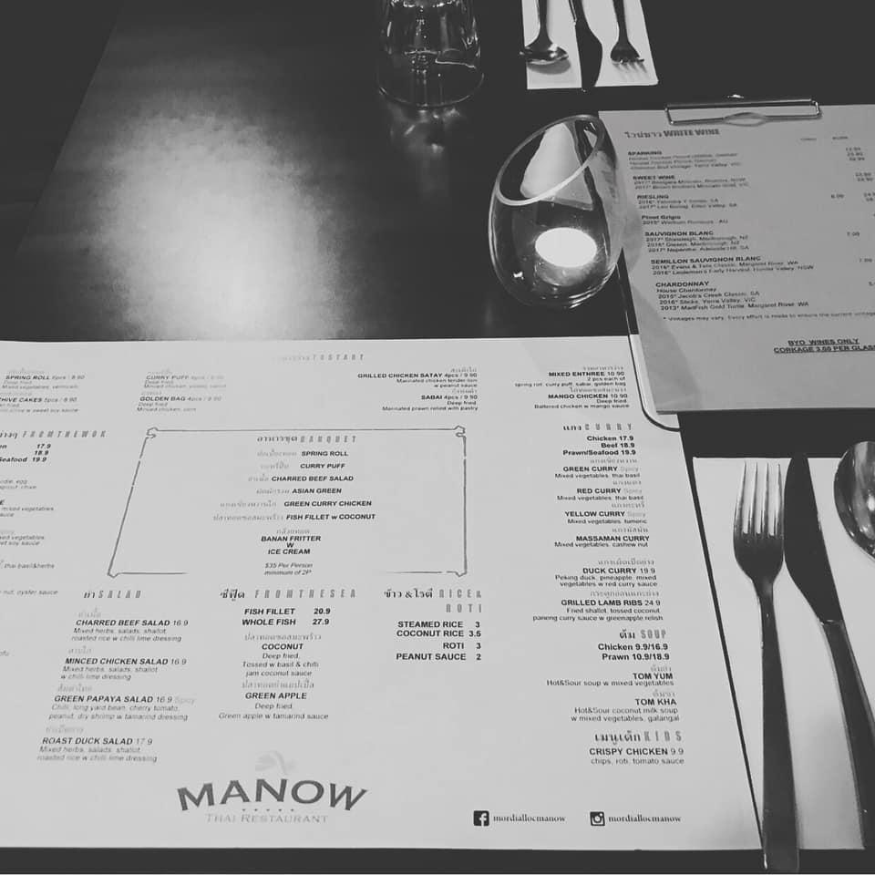 Menu at Manow Thai restaurant, Mordialloc, 463 Main St