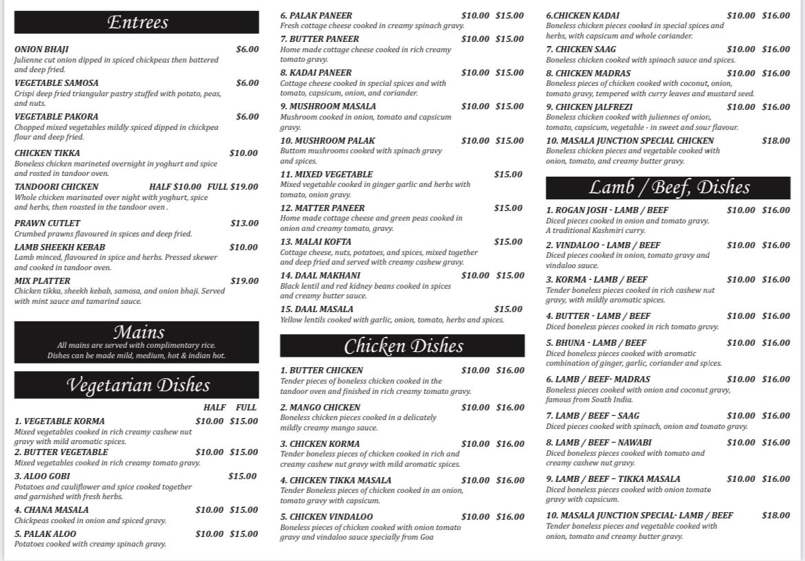 Menu at Masala Junction restaurant, Dannevirke