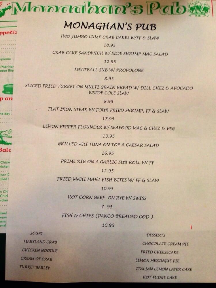 Menu at Monaghan's Pub, Baltimore