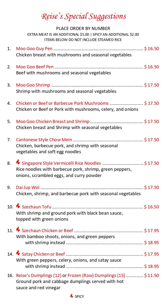 Menu at Reise's Restaurant, Sudbury