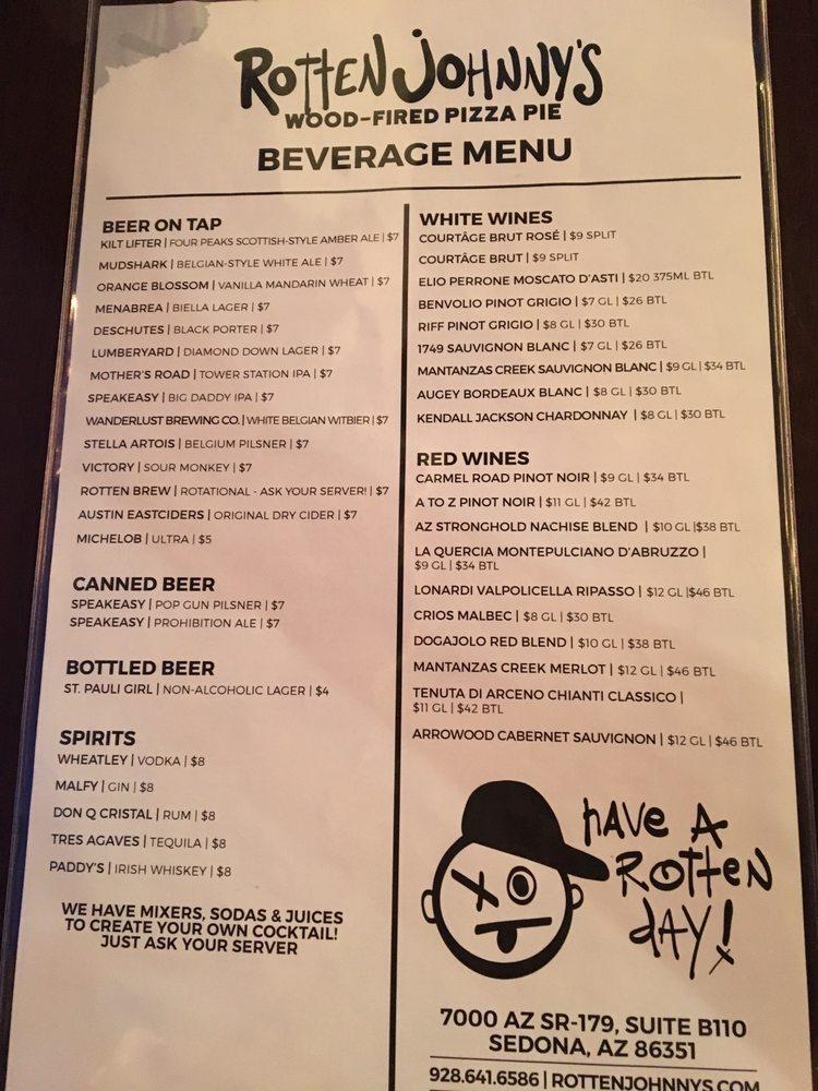 Menu at Rotten Johnny's Wood-Fired Pizza Pie pizzeria, Sedona