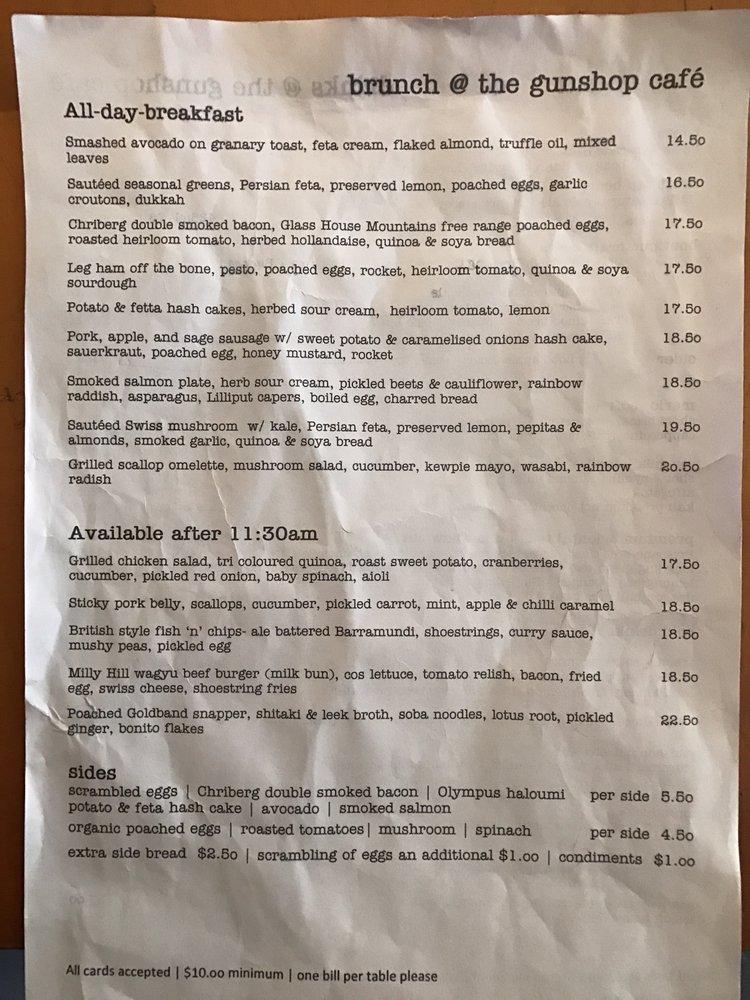 Menu at The Gunshop Cafe, West End