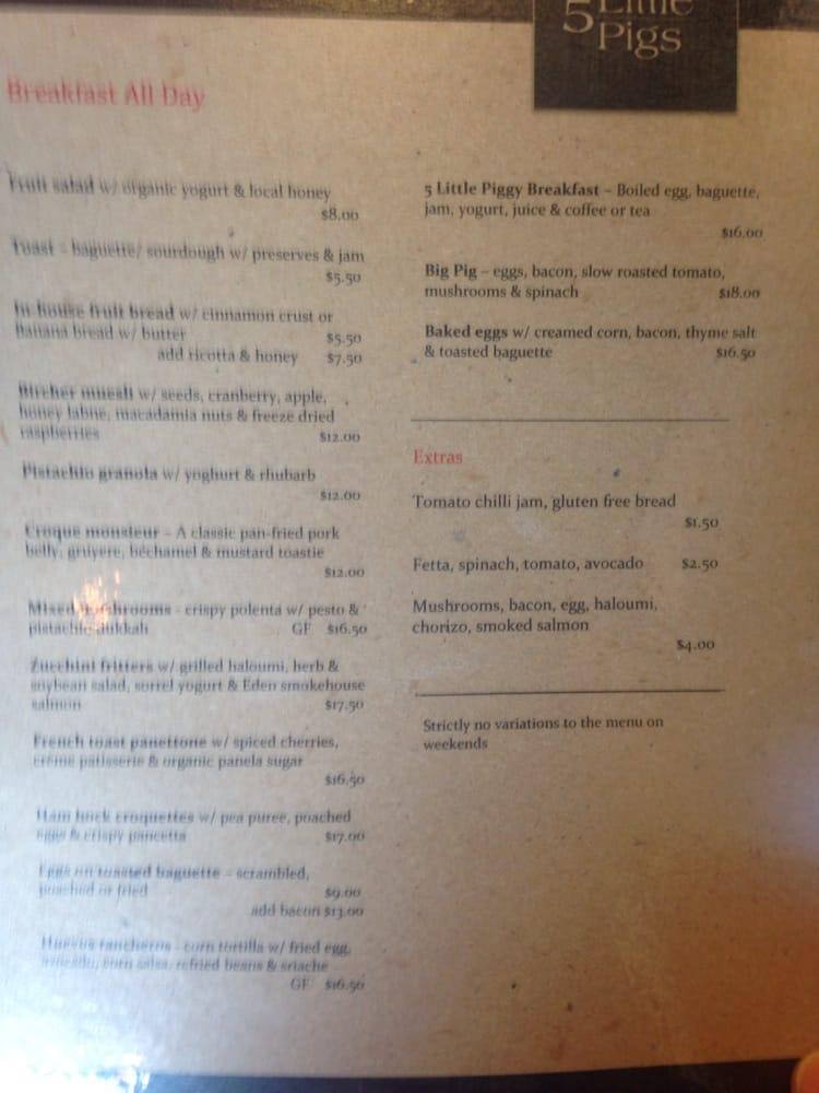 Menu at 5 Little Pigs cafe, Huskisson