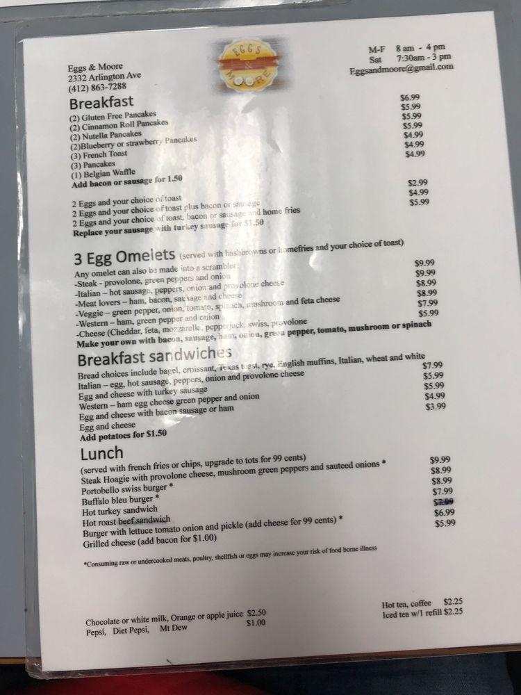 Menu at Eggs & Moore restaurant, Pittsburgh