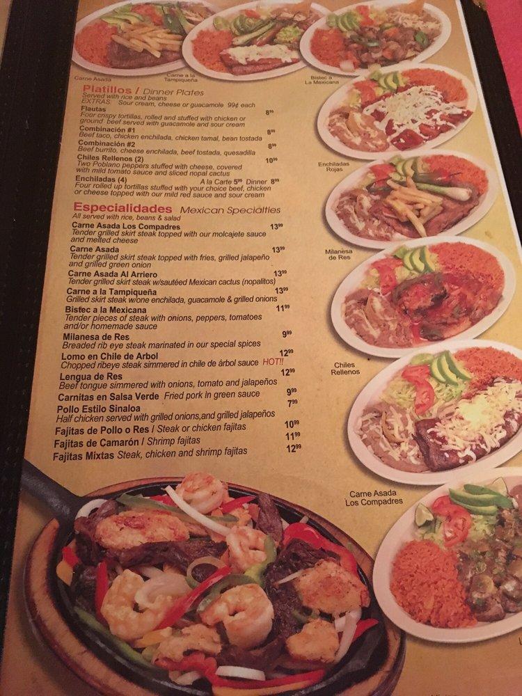 Menu at Los Compadres restaurant, Chicago Heights, Chicago Rd