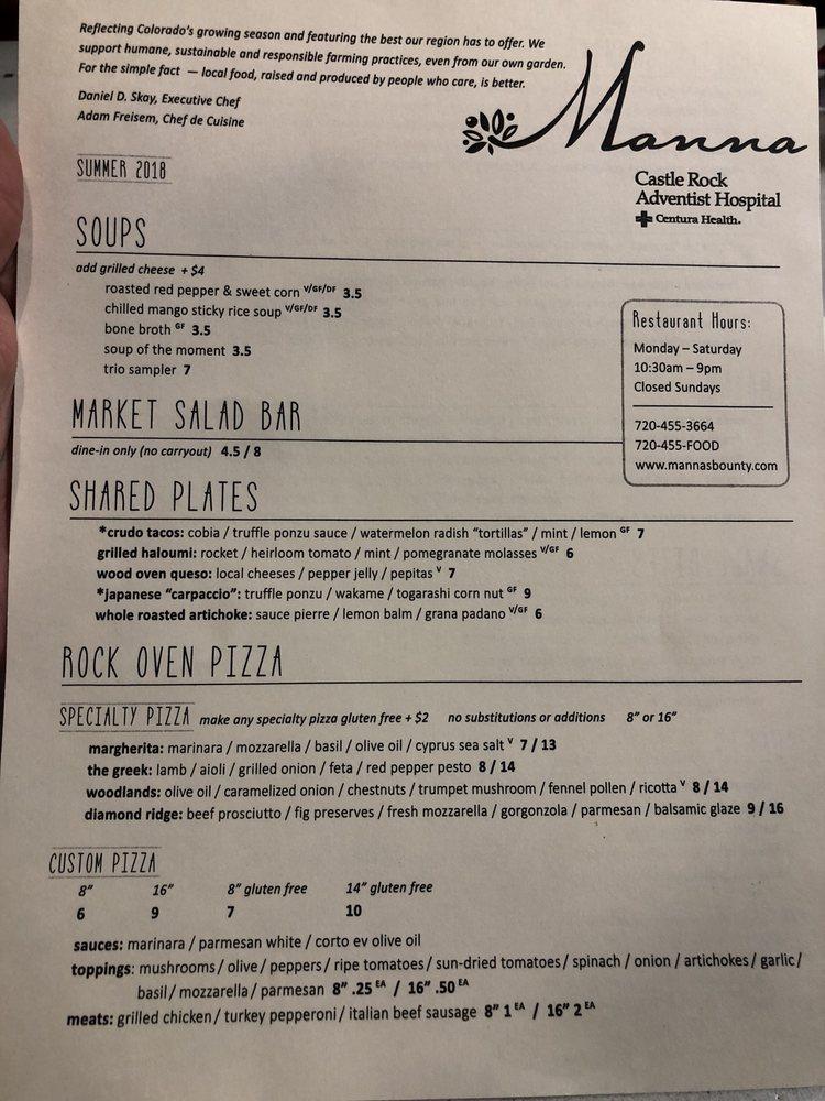 Menu at Manna Restaurant, Castle Rock