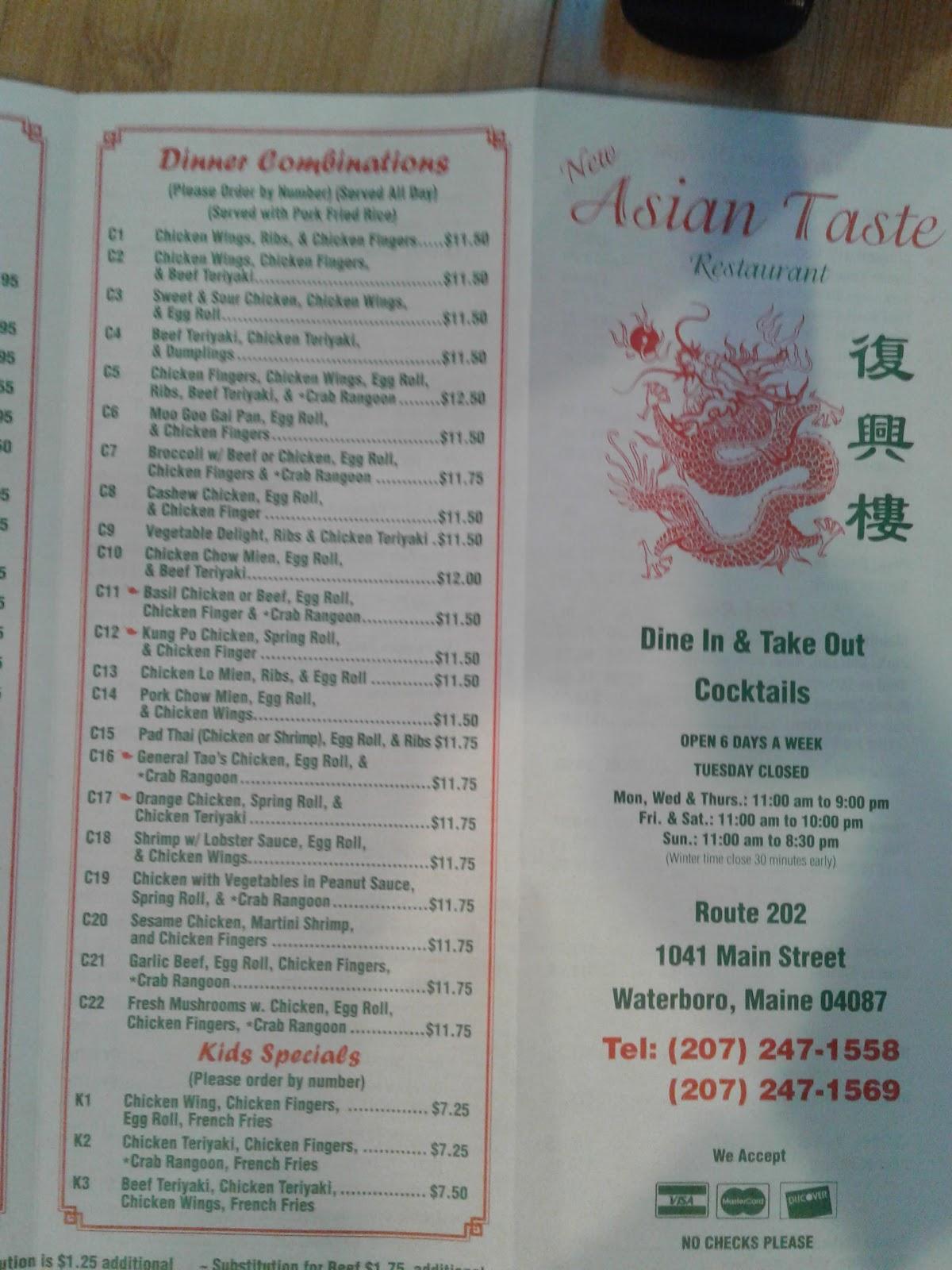 Menu at New Asian Taste restaurant, Waterboro, Maine Street